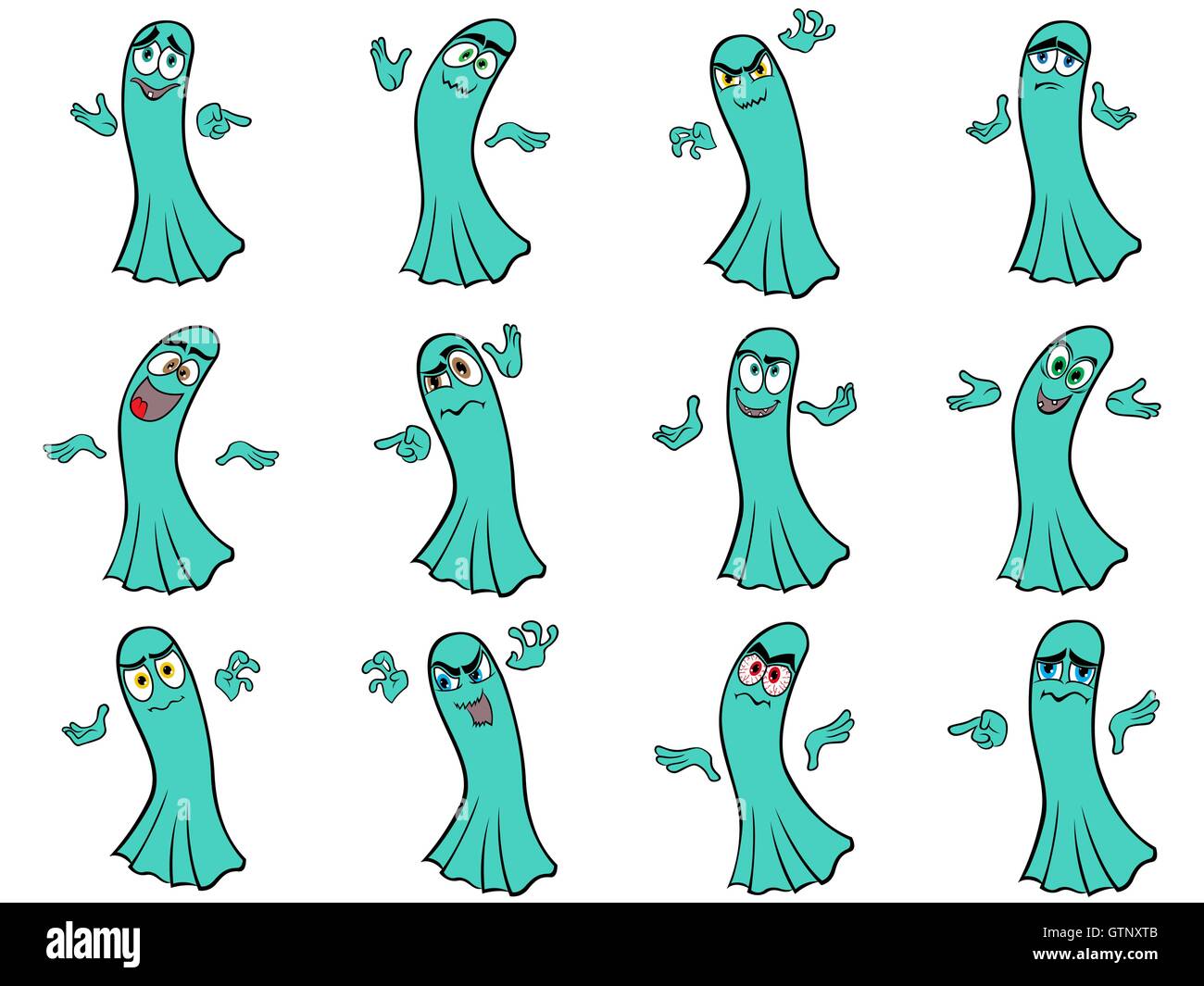 Set of twelve funny turquoise ghosts with various characters isolated ...