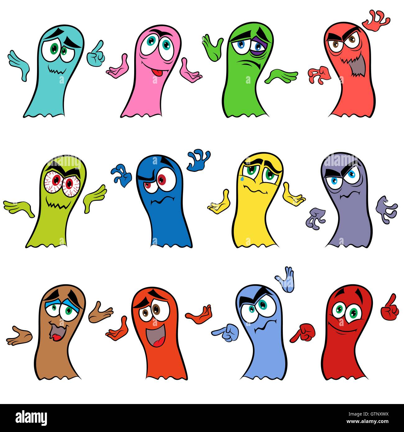 Set of twelve amusing colorful ghosts with various characters isolated ...