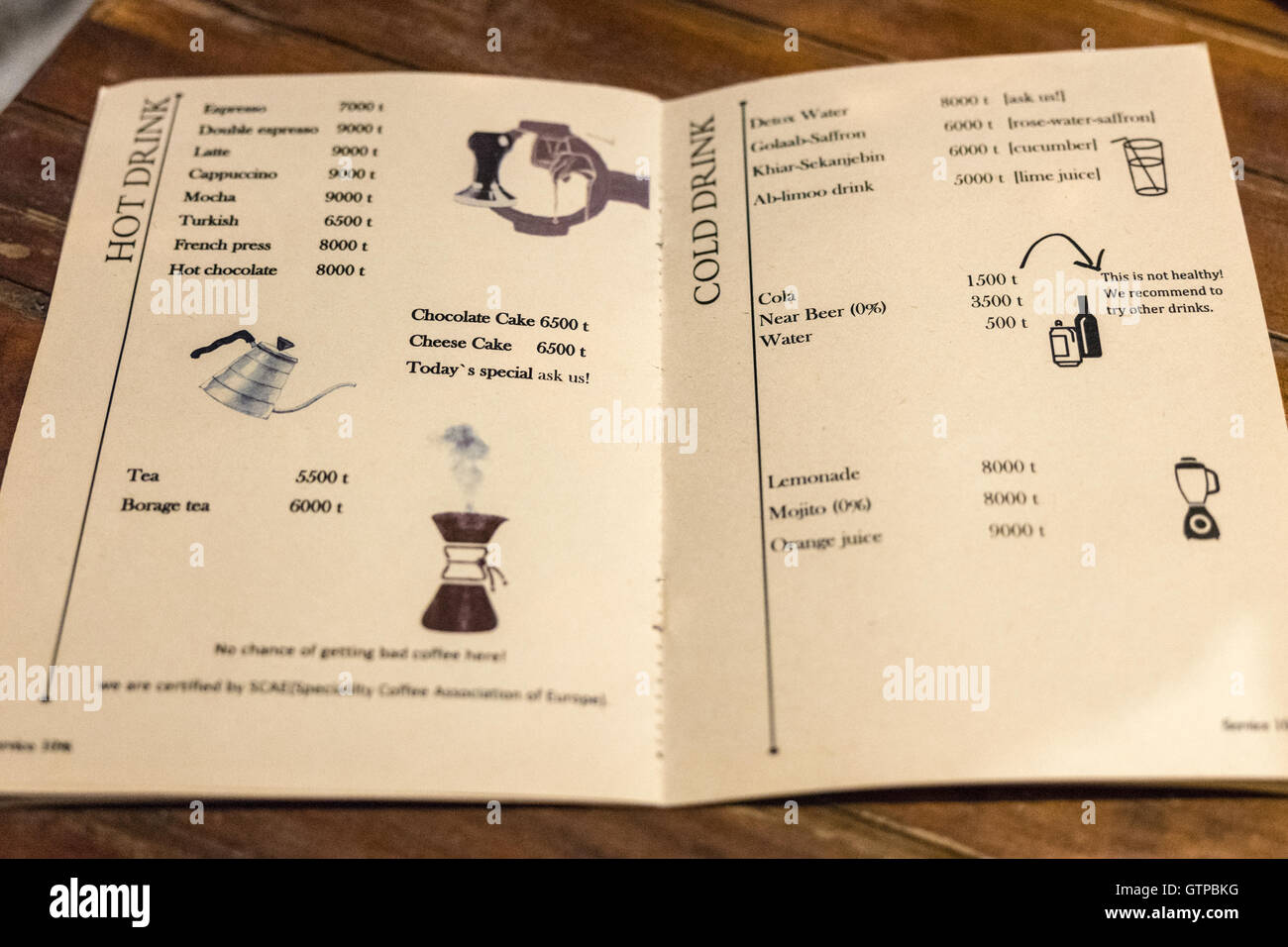 Menu recommend drinks other than Cola! Stock Photo - Alamy