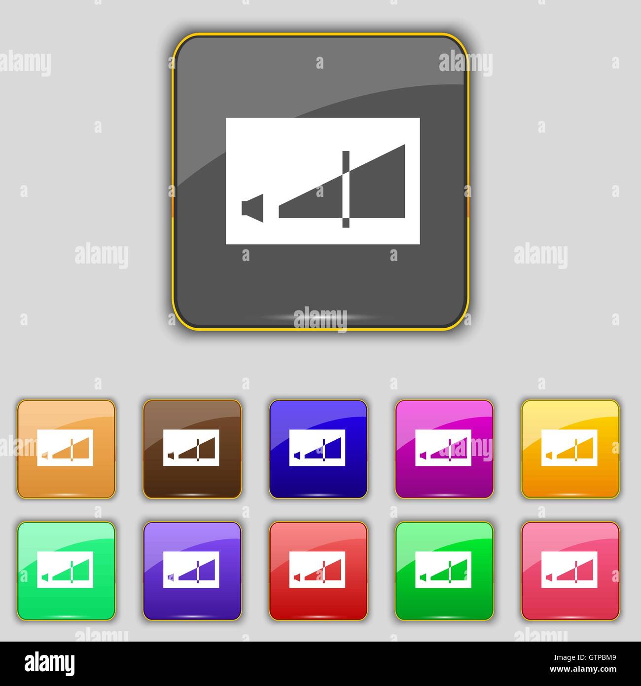 Volume adjustment icon sign. Set with eleven colored buttons for your ...