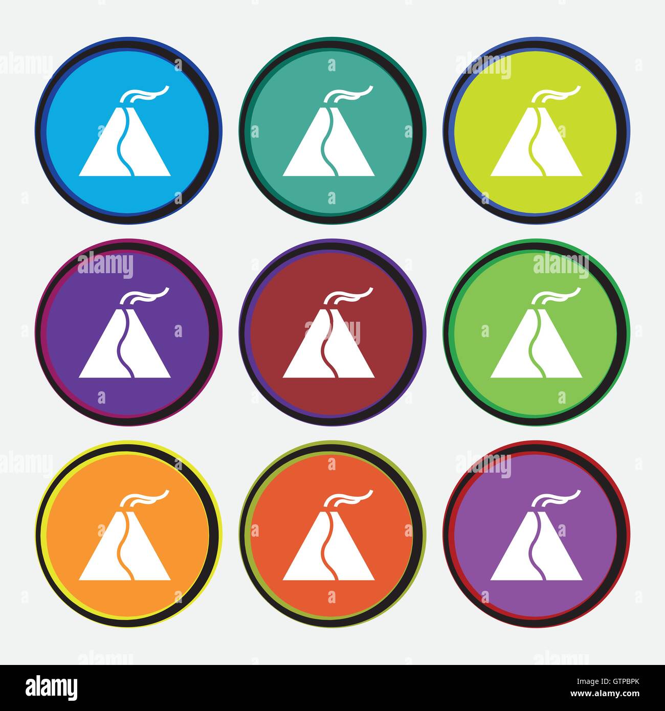 active erupting volcano icon sign. Nine multi colored round buttons ...