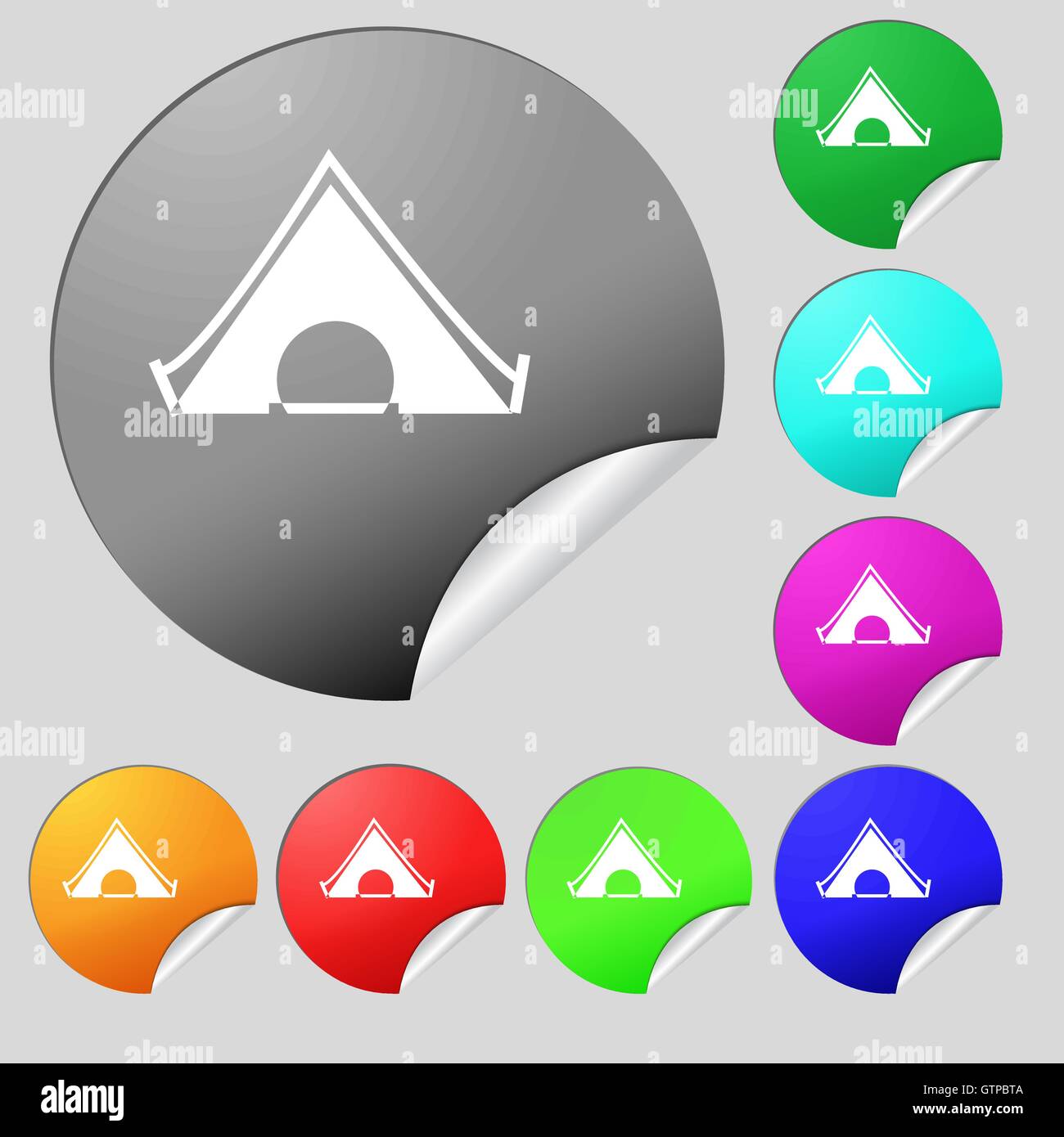 The tent icon sign. Set of eight multi colored round buttons, stickers ...