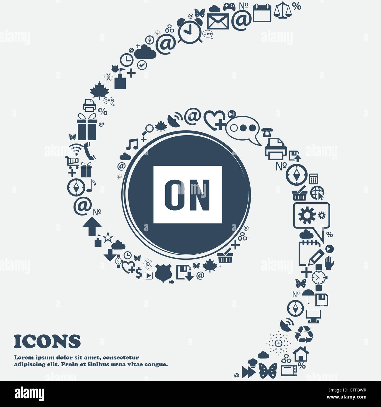 ON icon in the center. Around the many beautiful symbols twisted in a ...