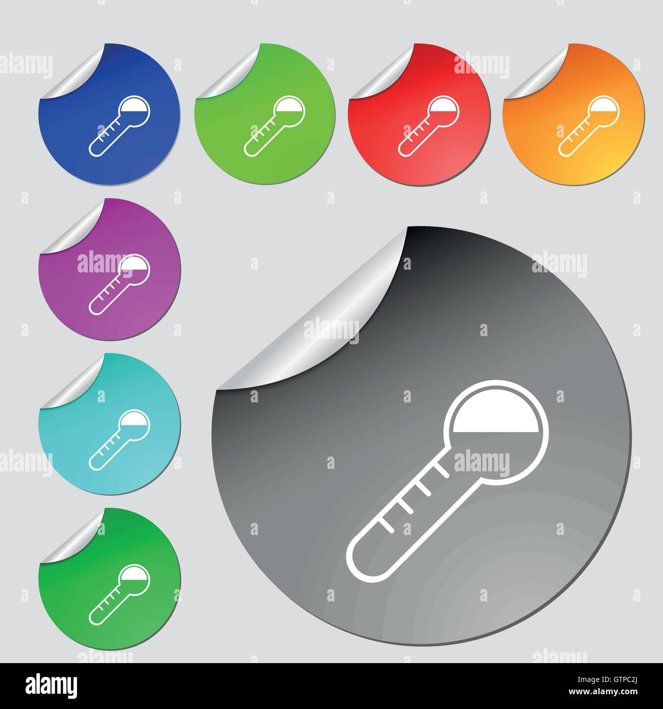 Thermometer icon sign. Set of eight multi colored round buttons ...