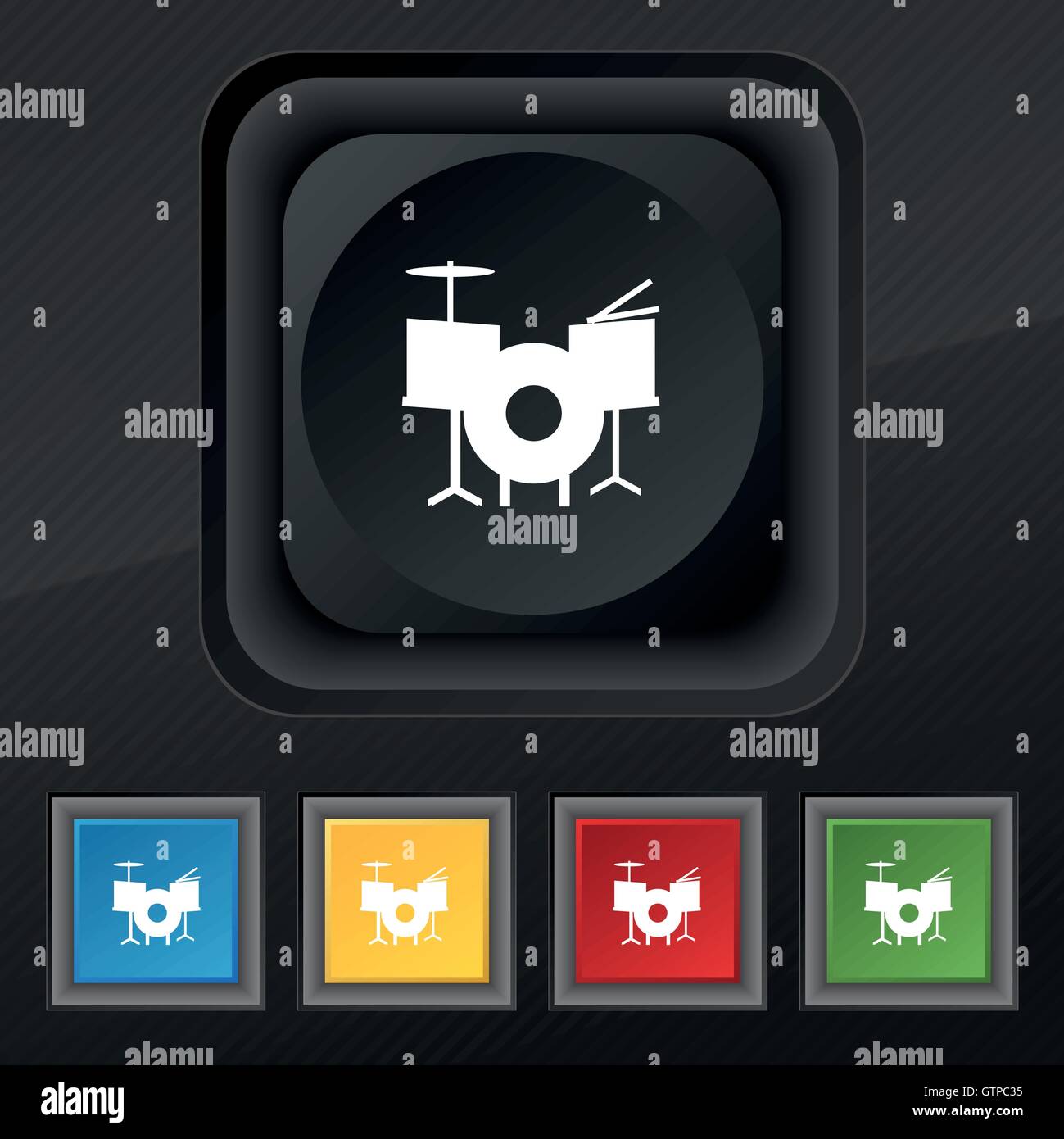 Drum Icon symbol. Set of five colorful, stylish buttons on black ...
