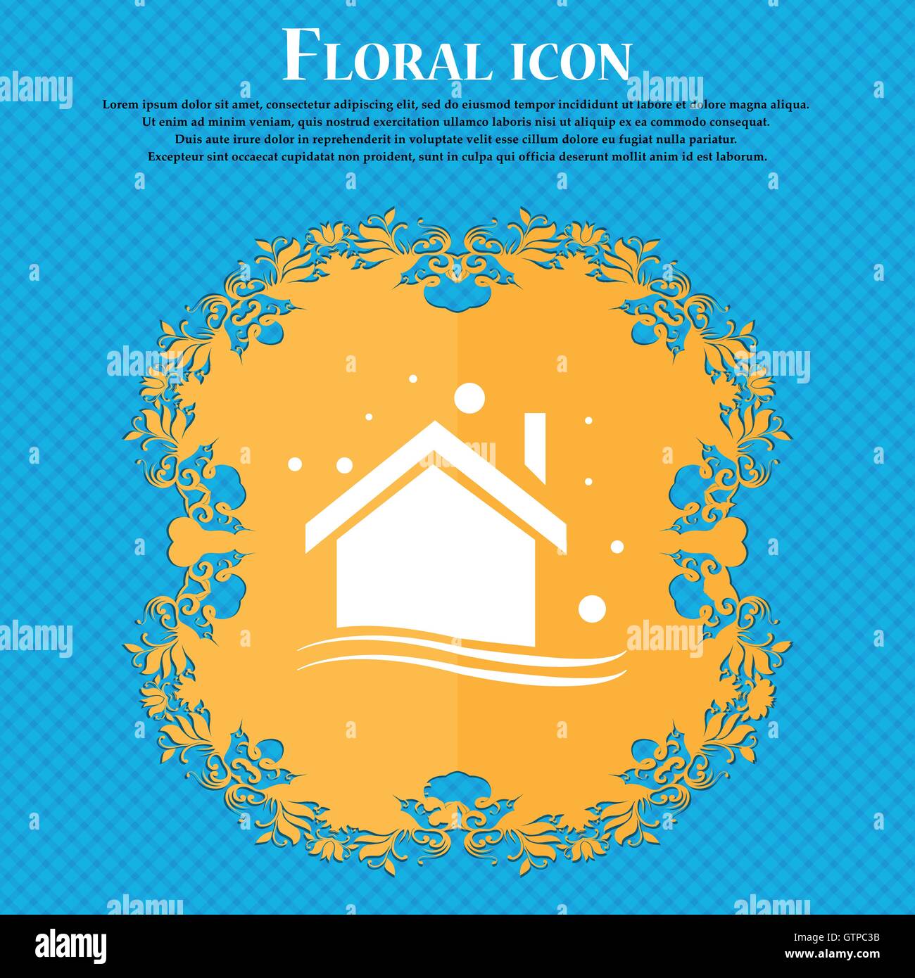 Winter house icon icon. Floral flat design on a blue abstract ...