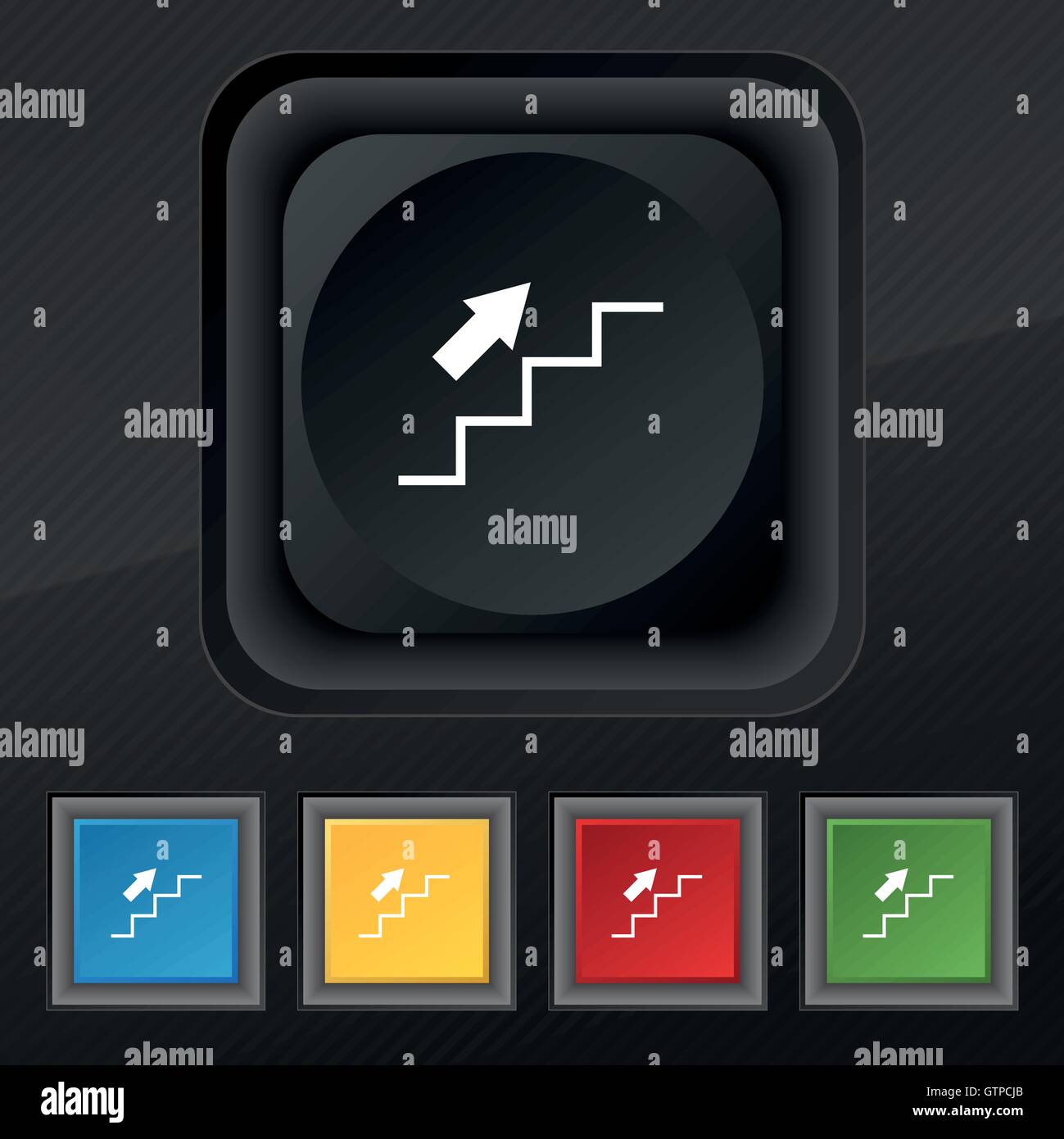 Stairs going up icon symbol. Set of five colorful, stylish buttons on ...