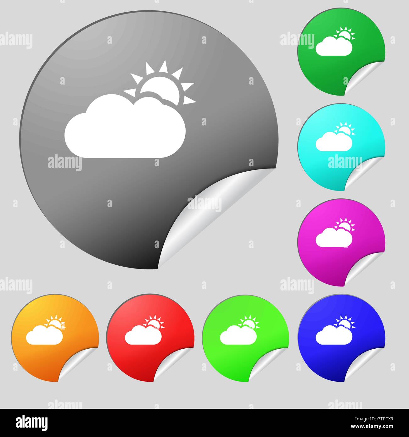 Partly Cloudy icon sign. Set of eight multi colored round buttons ...