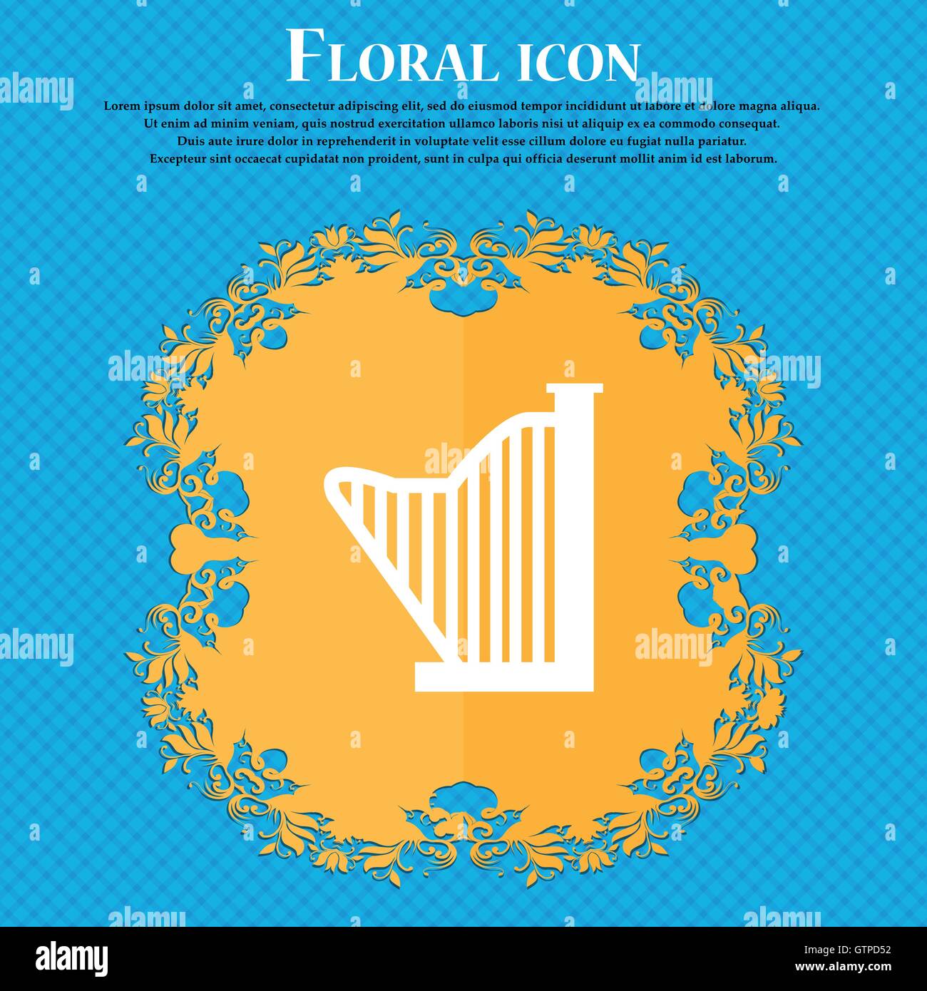 Harp icon icon. Floral flat design on a blue abstract background with ...