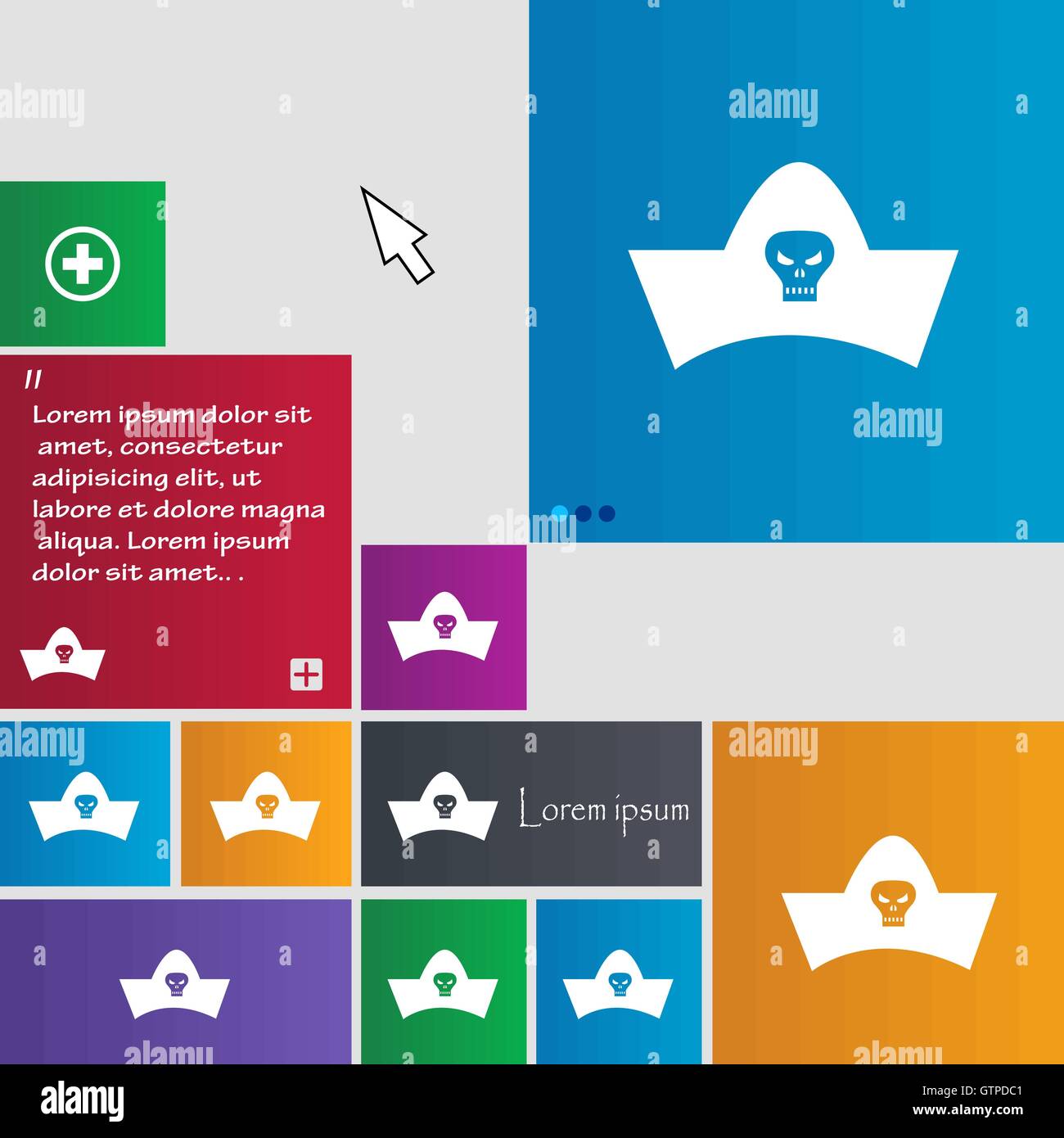 black pirate hat with skull and crossbones icon sign. buttons. Modern ...