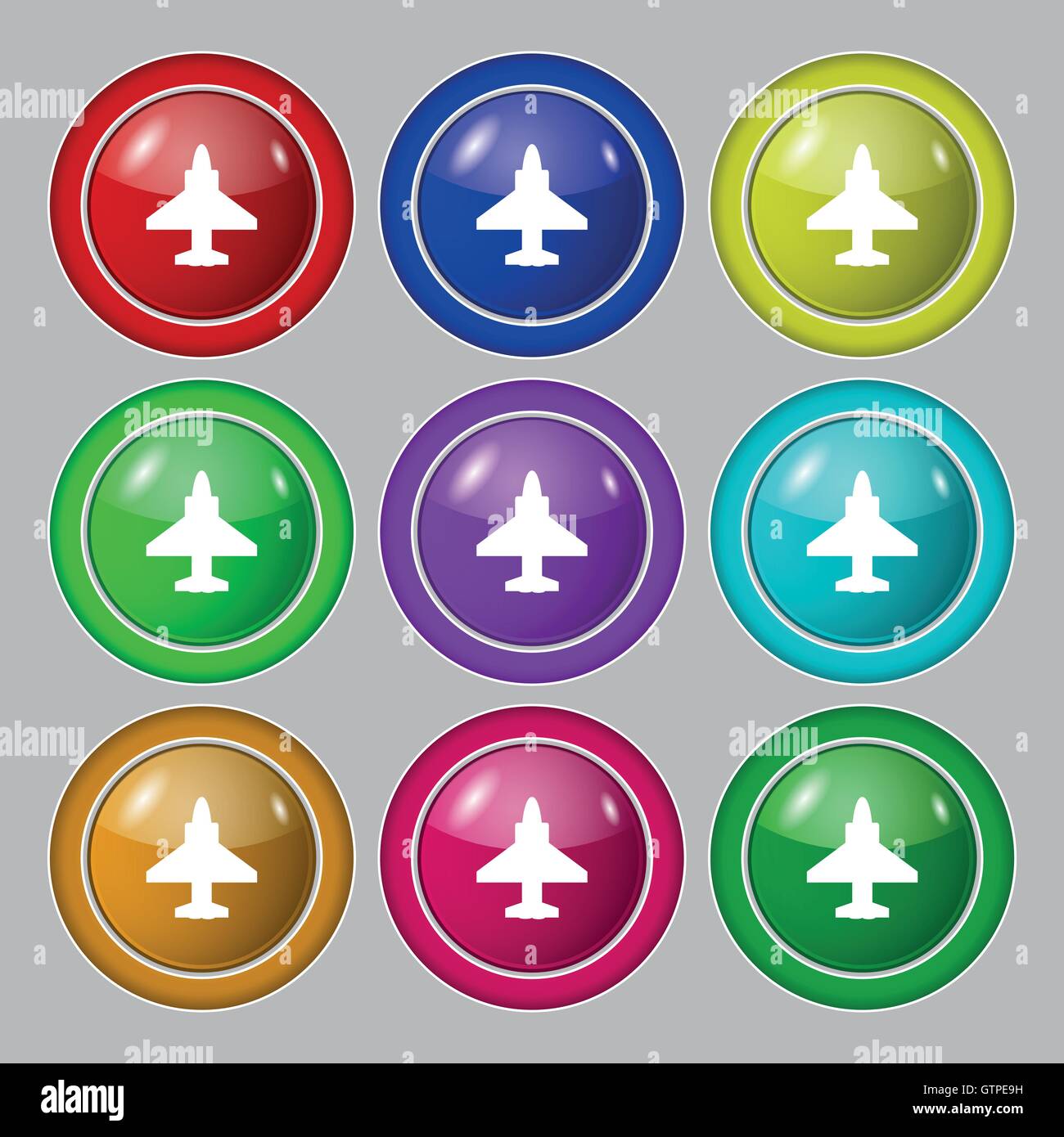 Aircraft or Airplane Icon sign. symbol on nine round colourful buttons ...