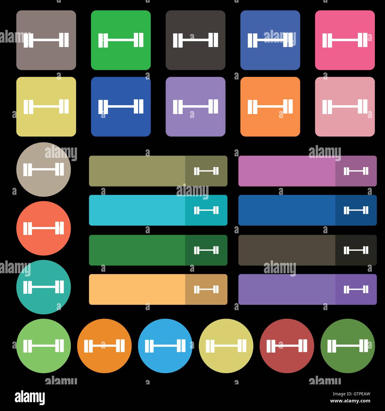 Dumbbell icon sign. Set from twenty seven multicolored flat buttons ...