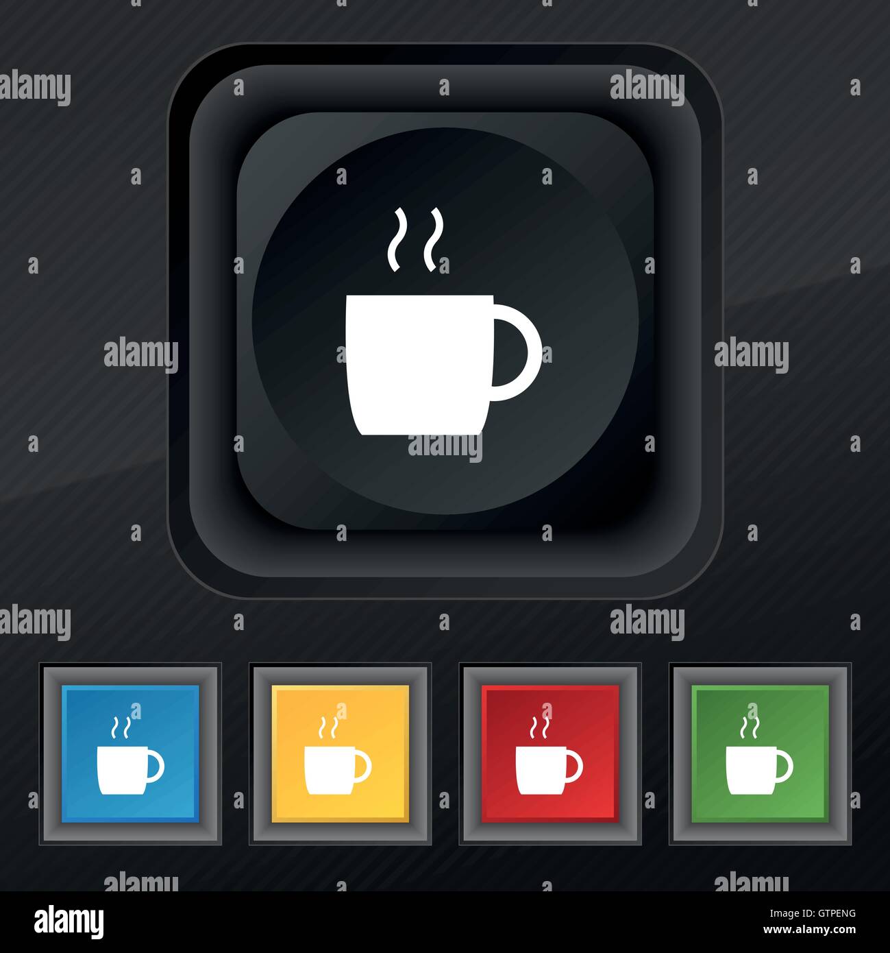coffee icon symbol. Set of five colorful, stylish buttons on black ...