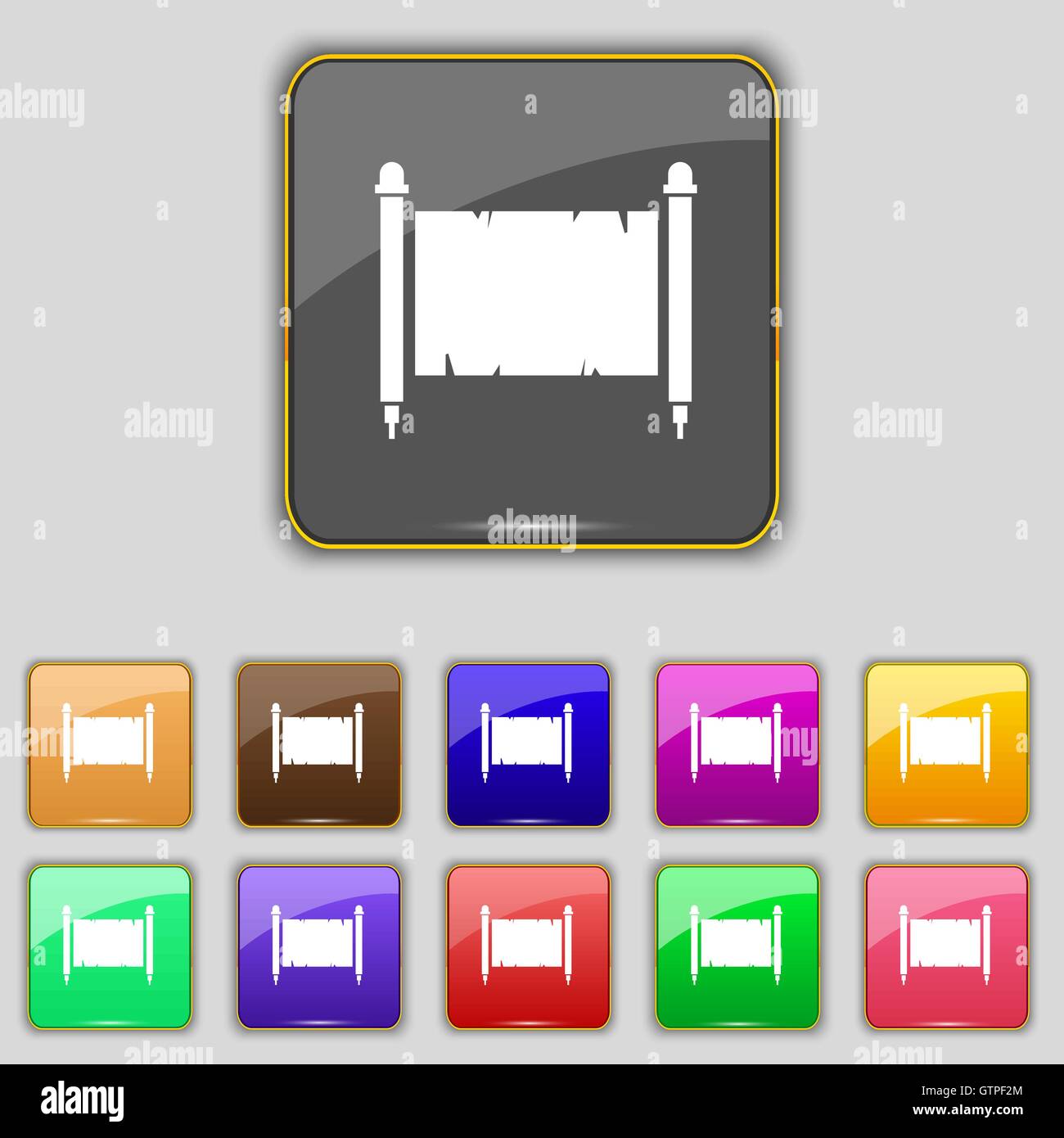 Ancient parchment sheet of paper sign. Set with eleven colored buttons ...