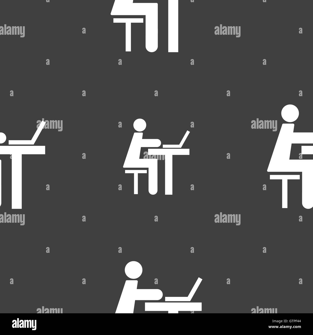 Businessman working on computer icon sign. Seamless pattern on a gray ...