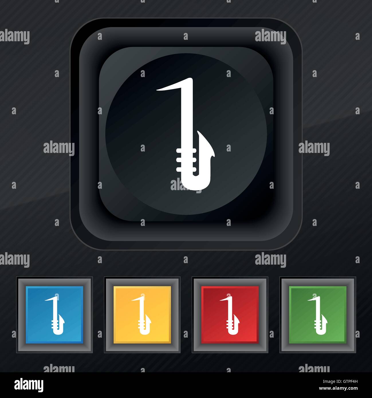 Saxophone icon symbol. Set of five colorful, stylish buttons on black ...
