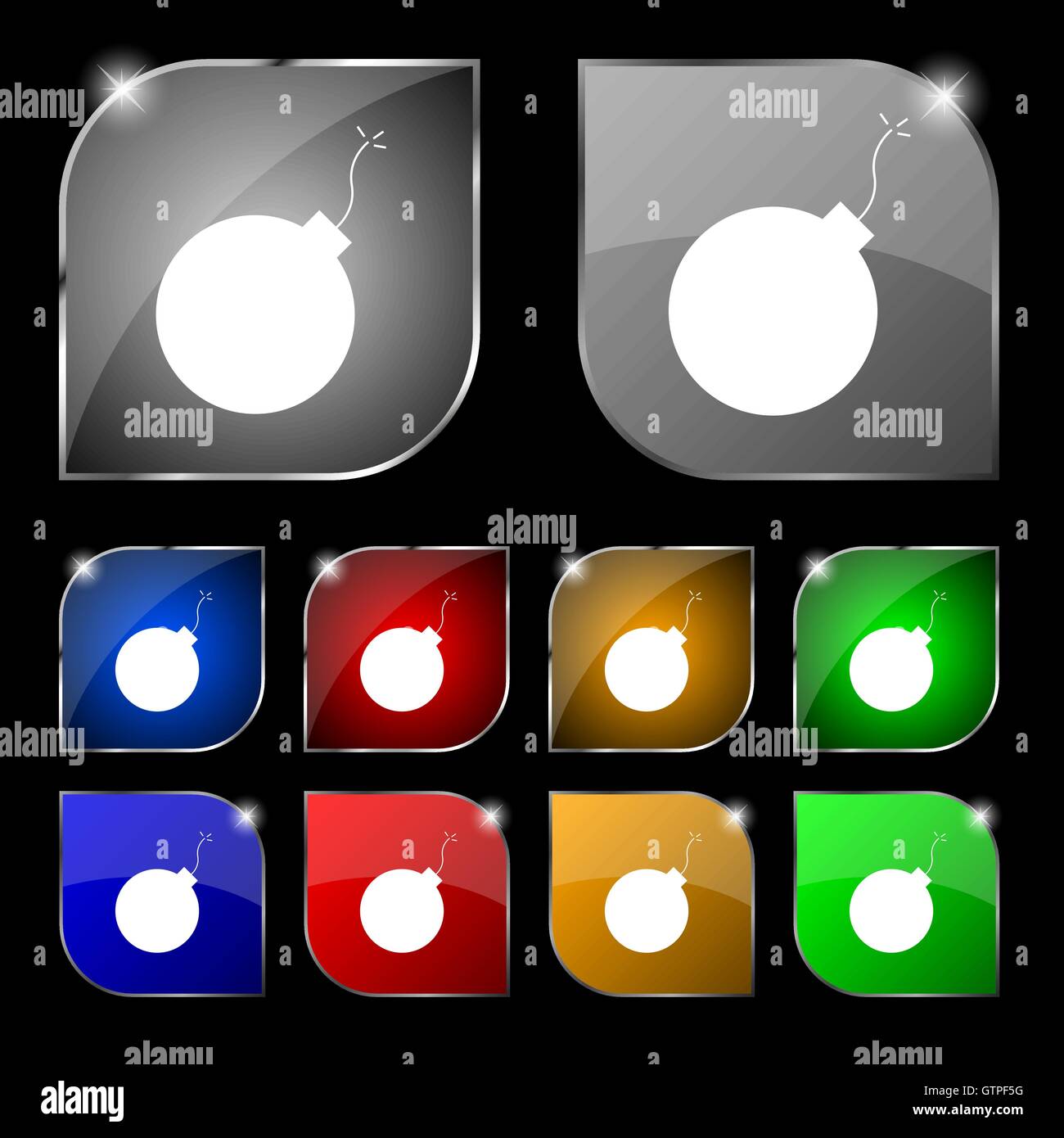 bomb icon sign. Set of ten colorful buttons with glare. Vector Stock ...