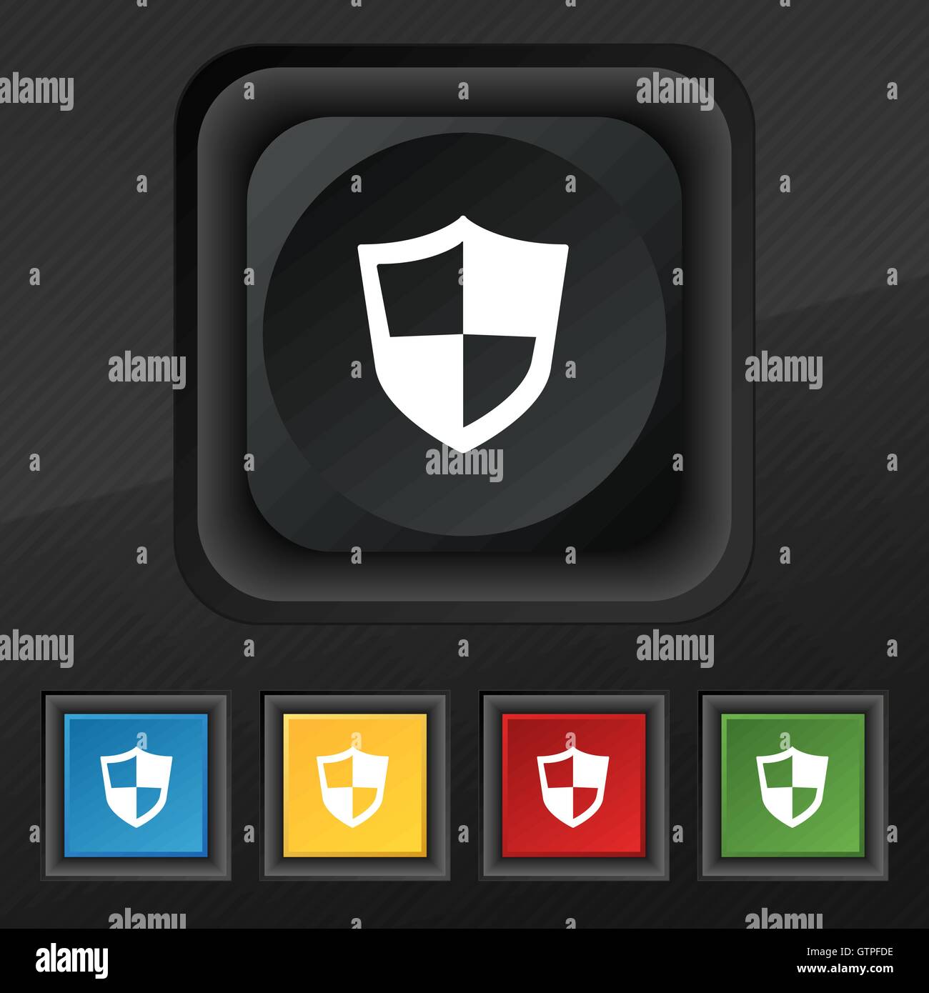 shield icon symbol. Set of five colorful, stylish buttons on black ...