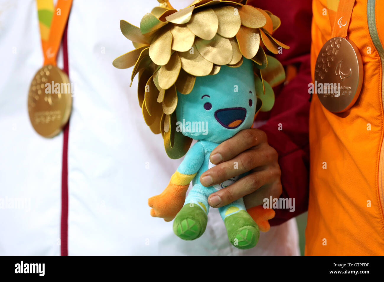 A general view of Tom the Paralympic mascot during a medal ceremony ...