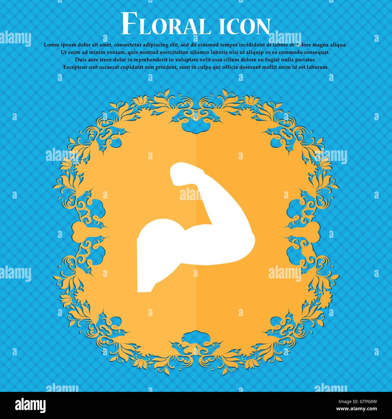 Biceps strong arm. Muscle icon icon. Floral flat design on a blue ...