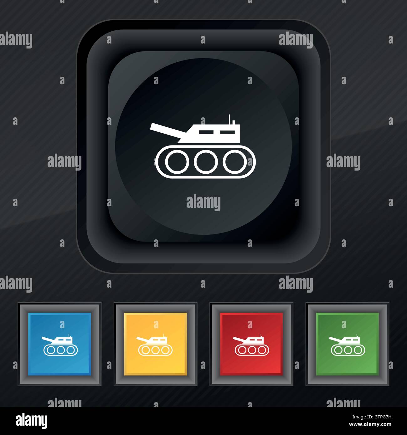 Tank, war, army icon symbol. Set of five colorful, stylish buttons on ...
