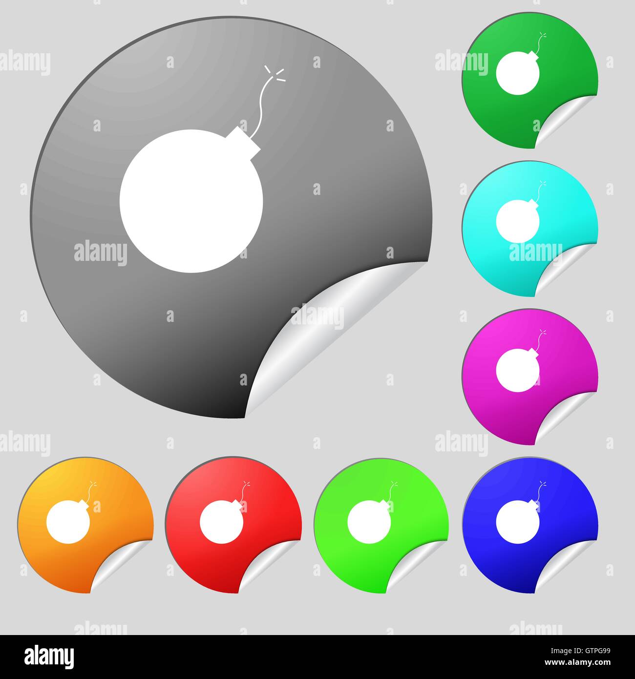 bomb icon sign. Set of eight multi colored round buttons, stickers ...