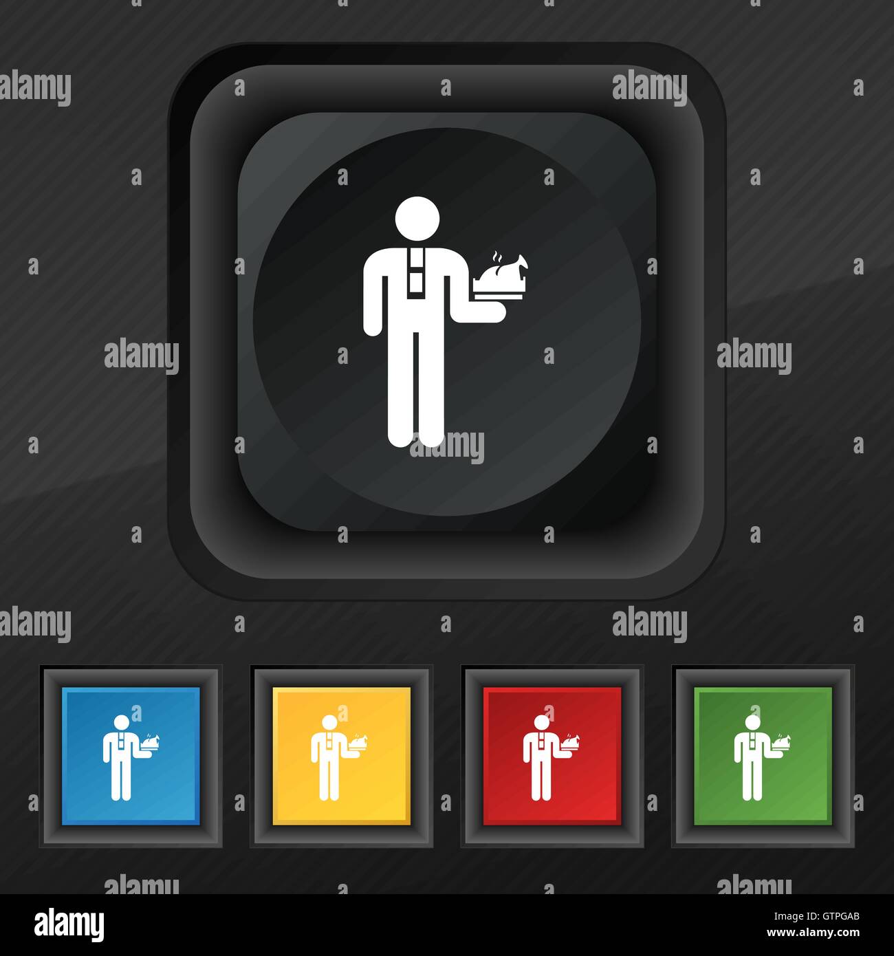 Waiter icon symbol. Set of five colorful, stylish buttons on black ...