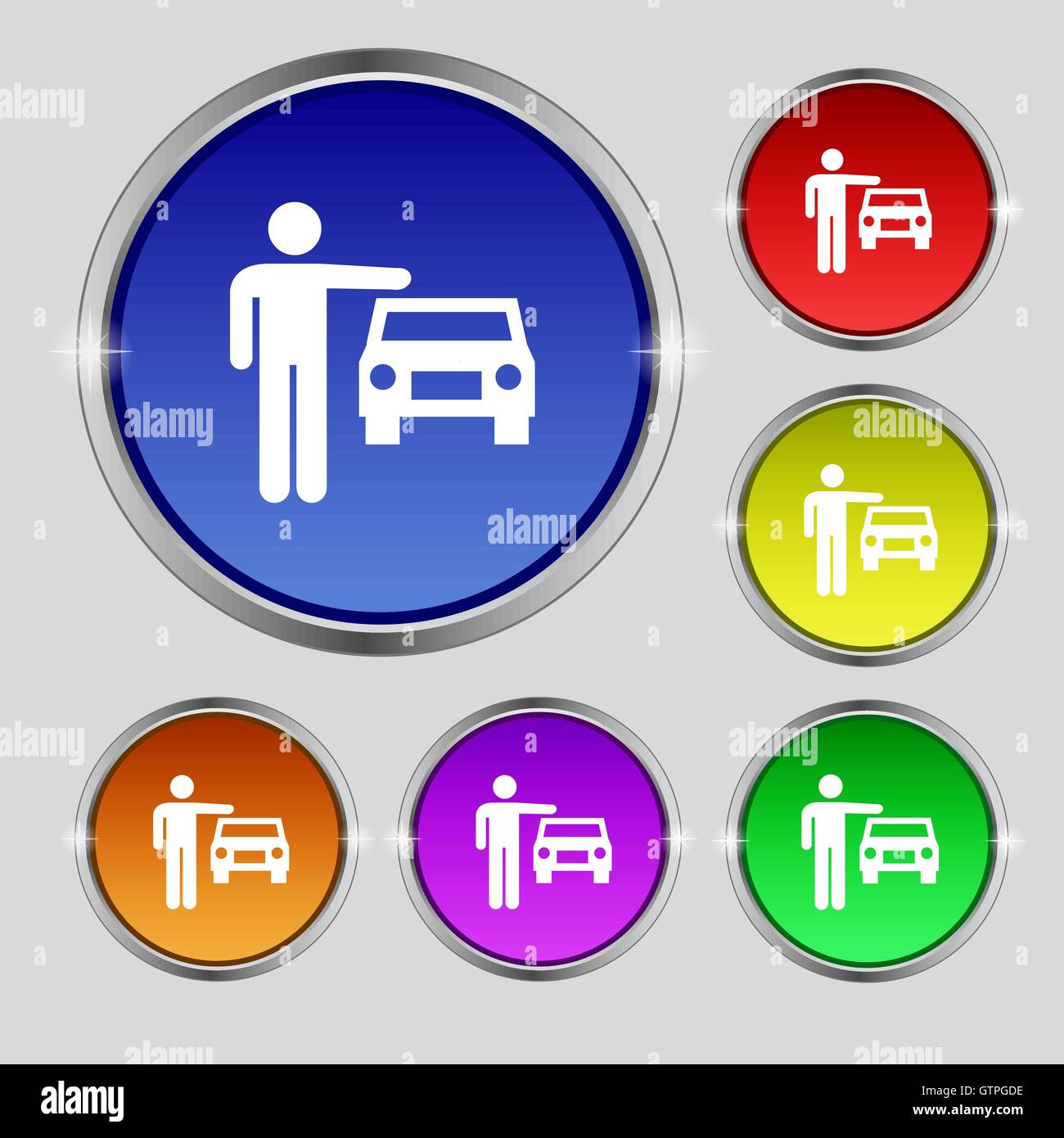 person up hailing a taxi icon sign. Round symbol on bright colourful ...