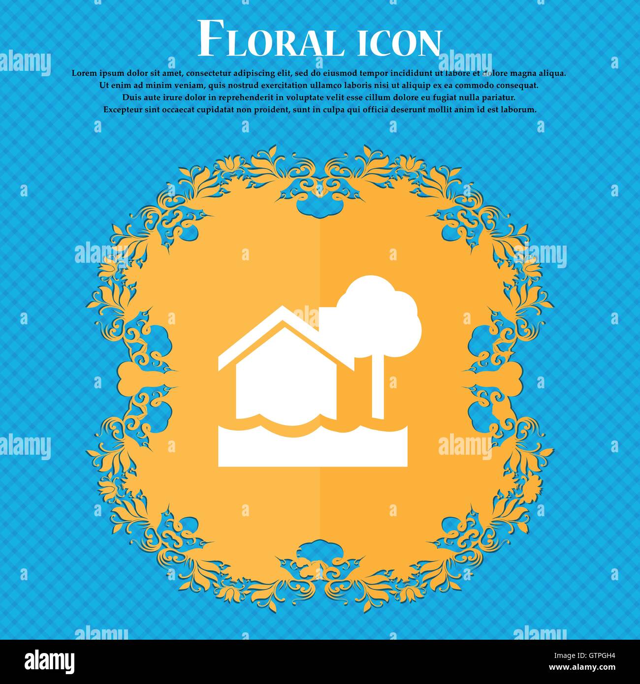 flooding home icon icon. Floral flat design on a blue abstract ...