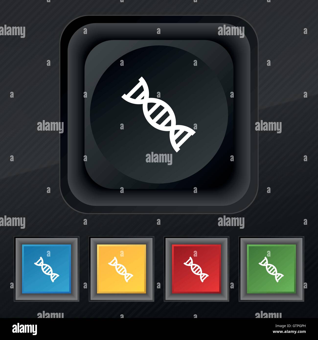 DNA icon symbol. Set of five colorful, stylish buttons on black texture ...