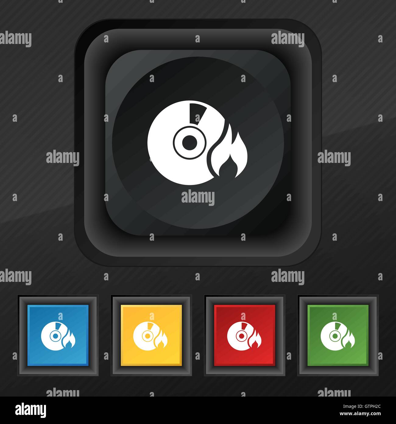 CD icon symbol. Set of five colorful, stylish buttons on black texture ...
