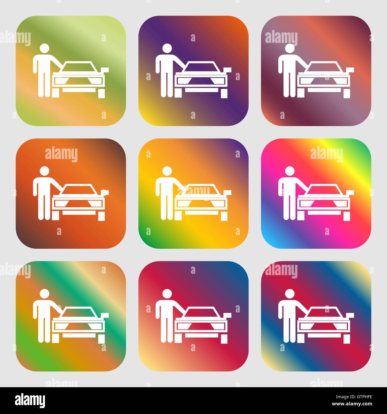 person up hailing a taxi icon . Nine buttons with bright gradients for ...