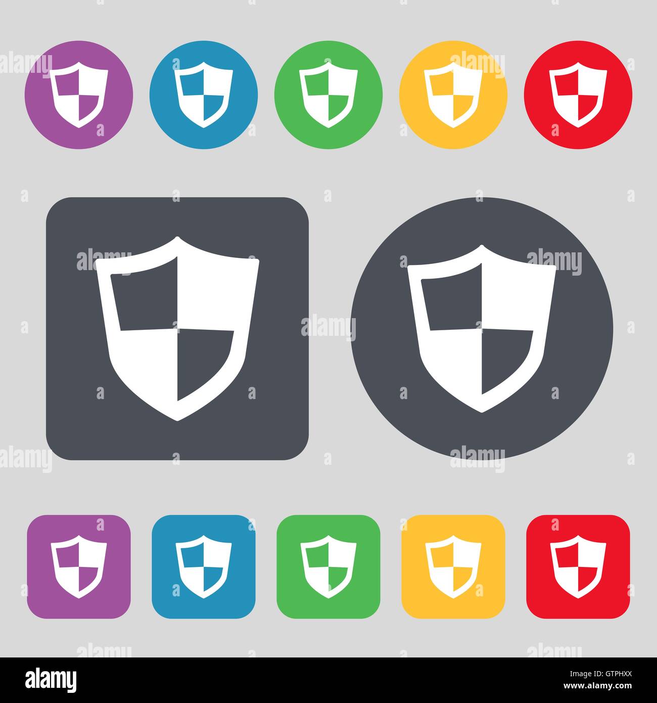 shield icon sign. A set of 12 colored buttons. Flat design. Vector ...