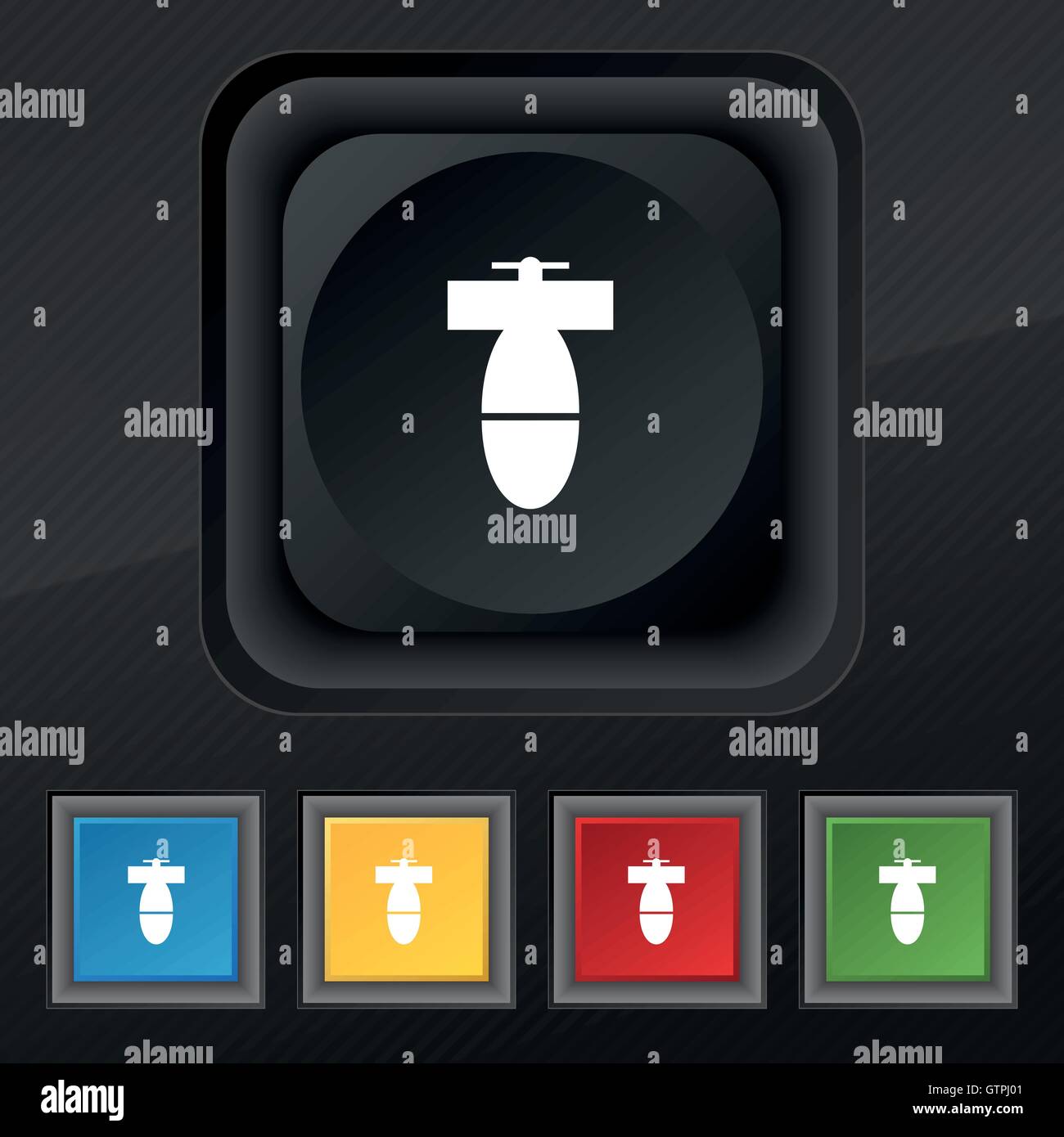 mortar mine icon symbol. Set of five colorful, stylish buttons on black ...