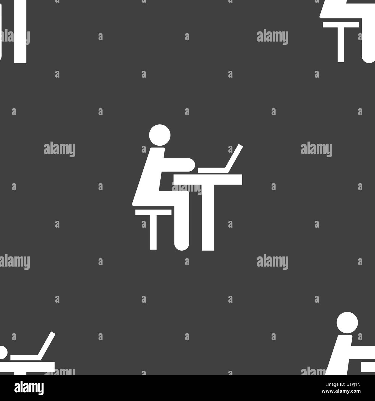 Businessman working on computer icon sign. Seamless pattern on a gray ...