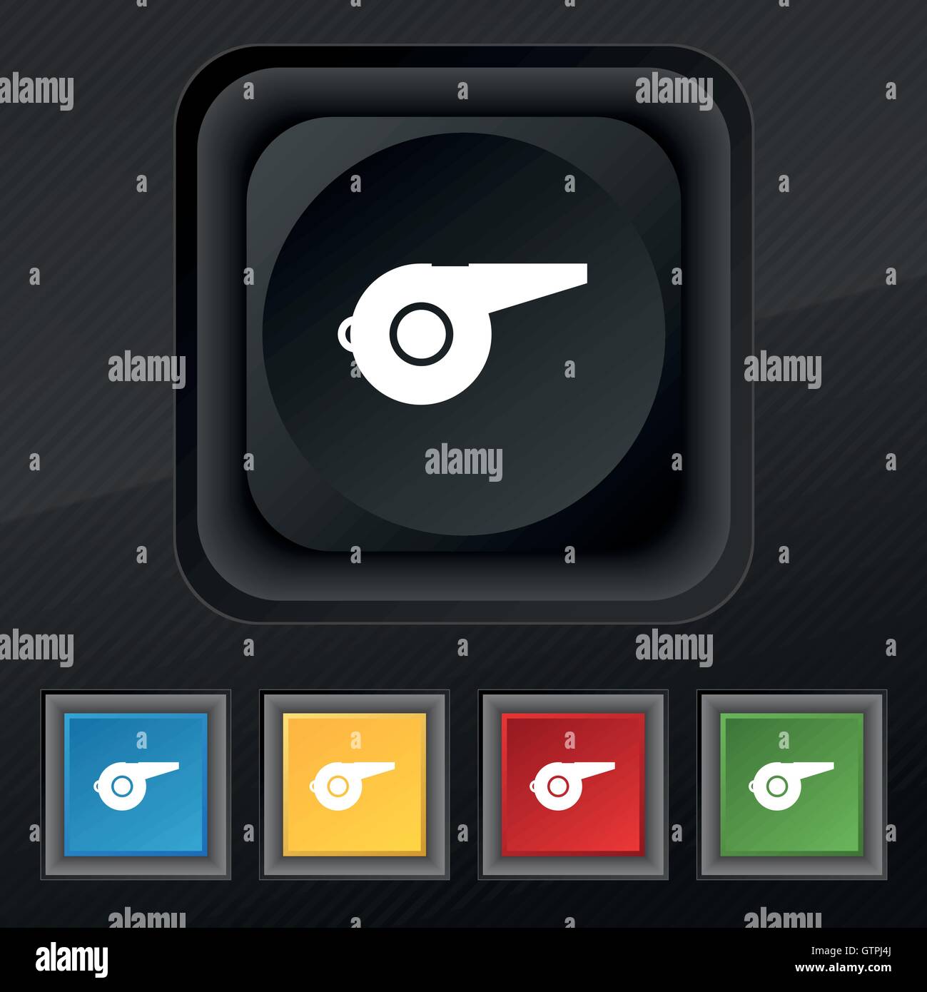 whistle icon symbol. Set of five colorful, stylish buttons on black ...