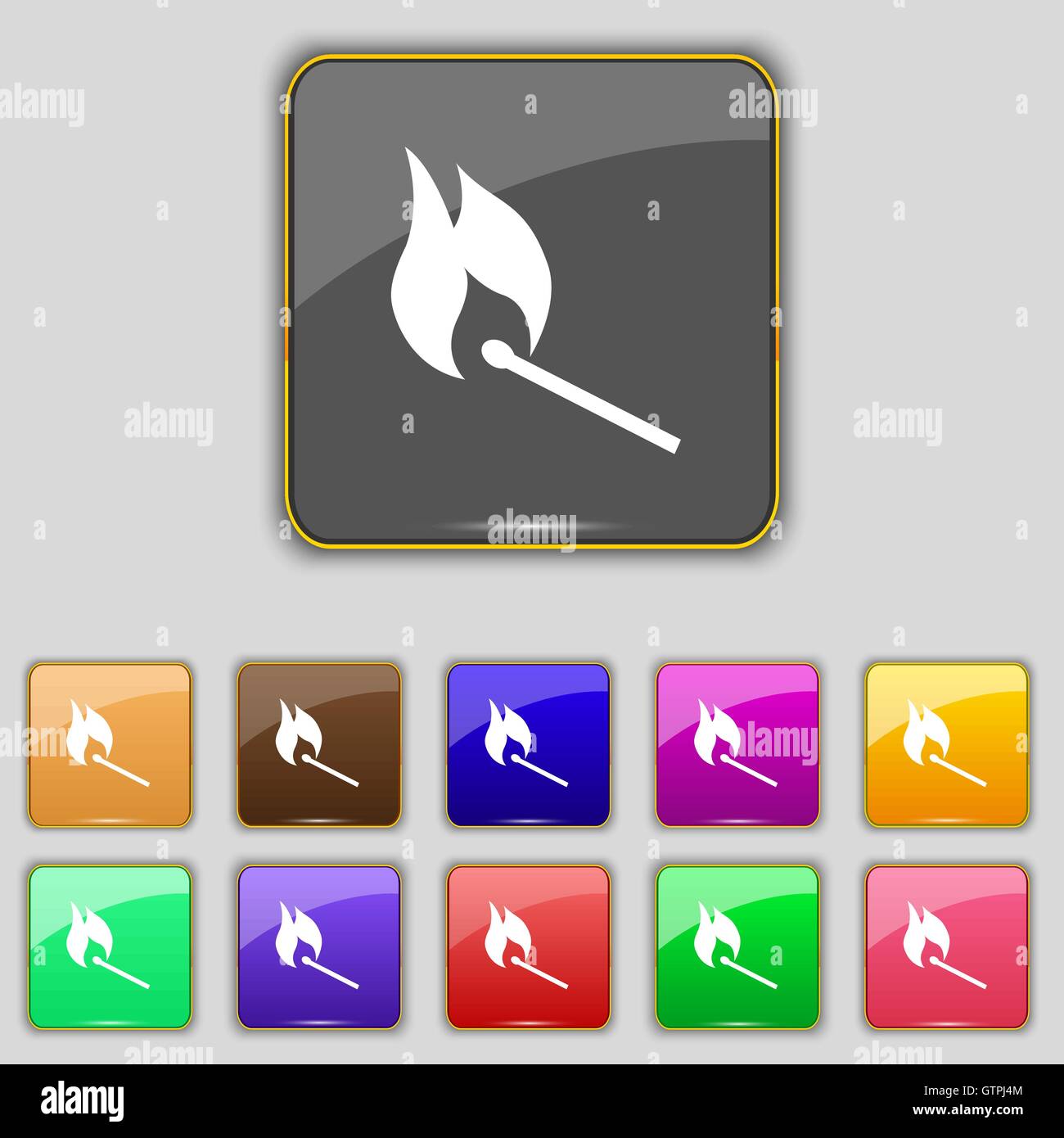 burning match icon sign. Set with eleven colored buttons for your site ...