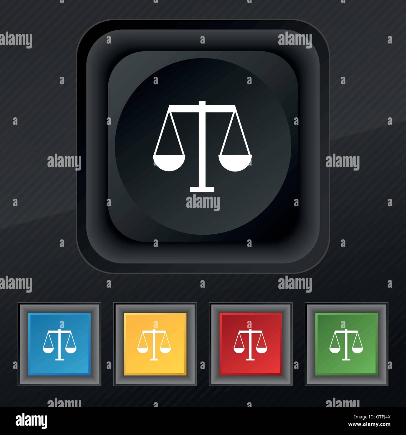 Scales of Justice icon symbol. Set of five colorful, stylish buttons on ...