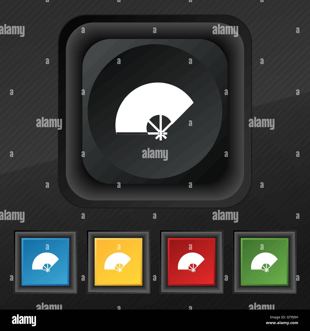 Fan icon symbol. Set of five colorful, stylish buttons on black texture ...