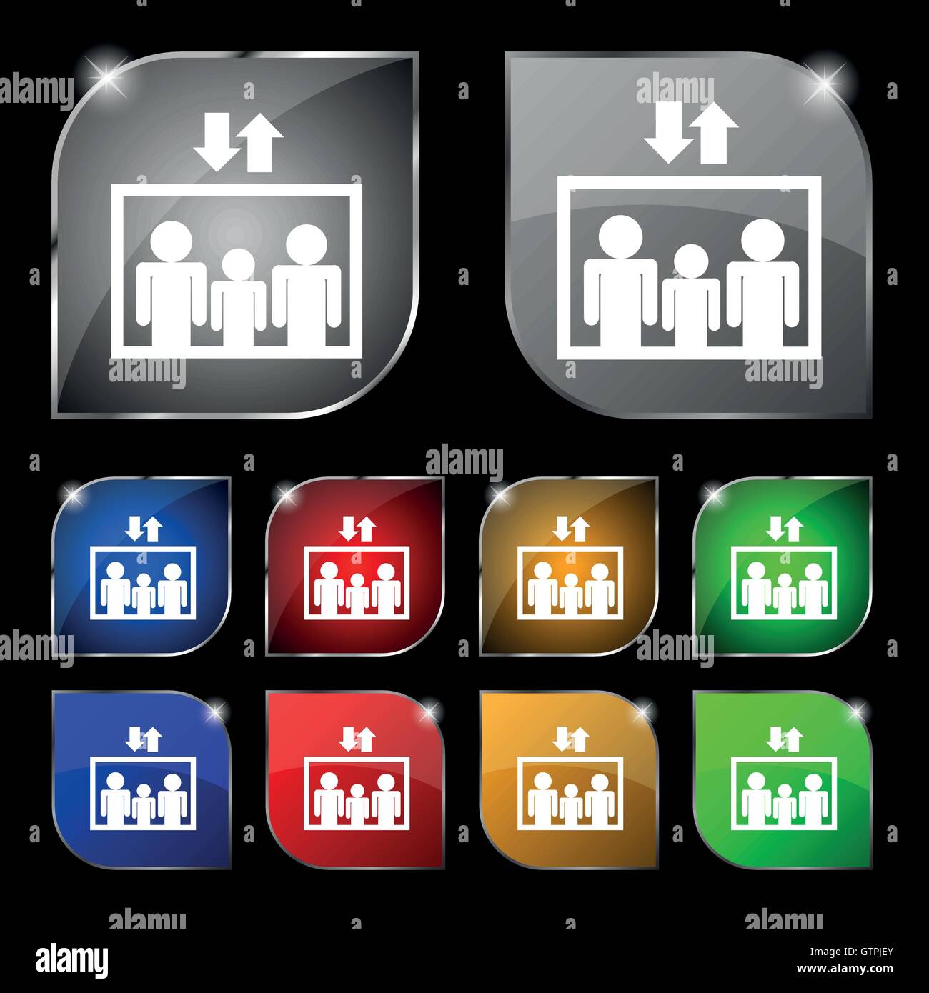 Elevator symbol sign. Set of ten colorful buttons with glare. Vector ...