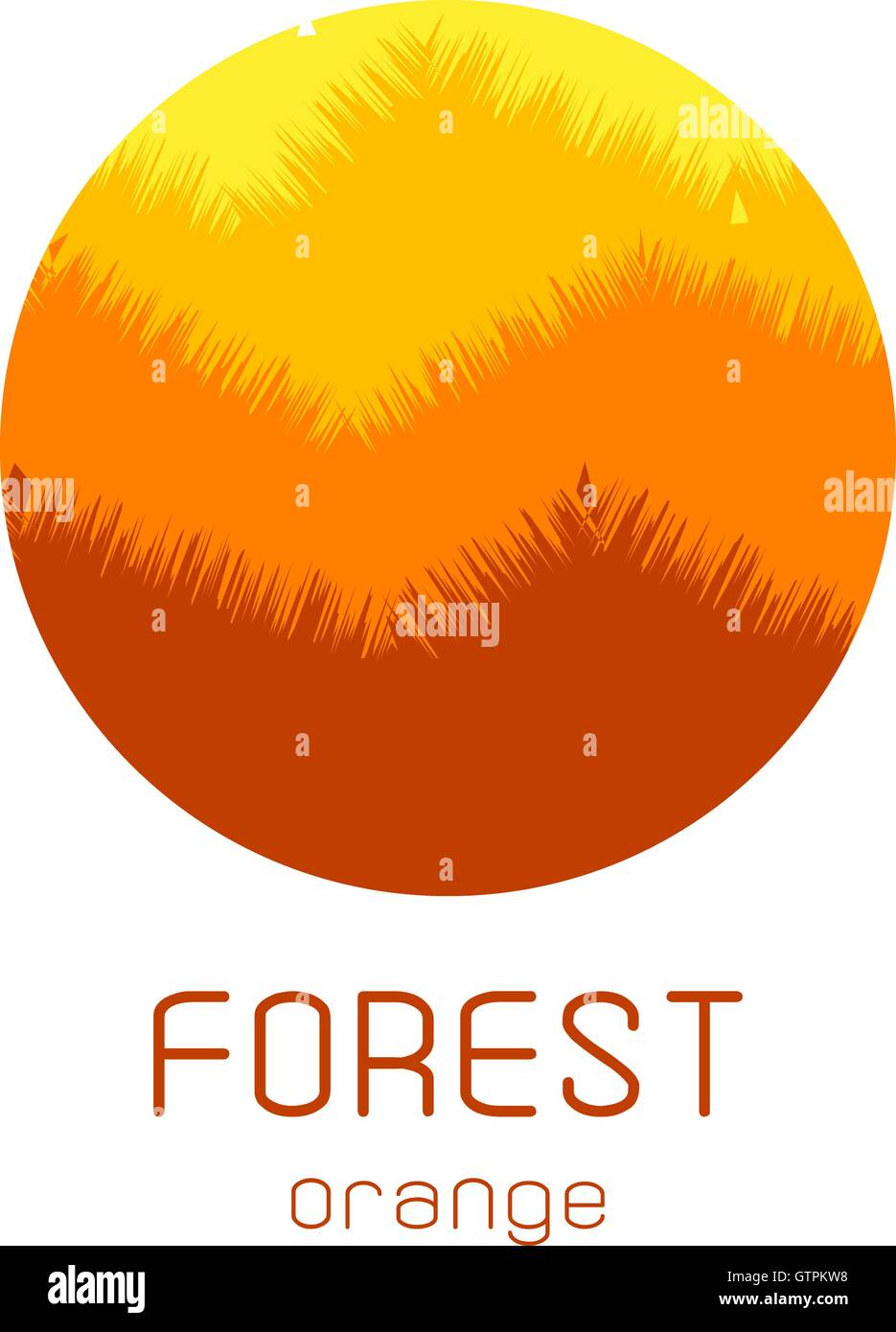 Isolated round vector logo. Yellow forest view image. Natural landscape ...
