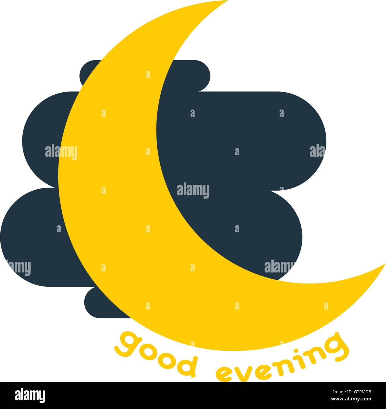 Good evening icon. Yellow moon on black clouds. Modern style Stock ...