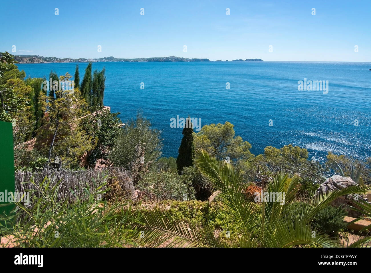 Lush Mediterranean vegetation and marine blue in Mallorca, Spain Stock ...