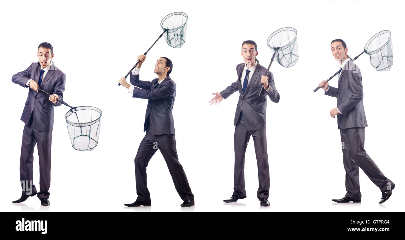 Colage of businessman with catching net on white Stock Photo - Alamy