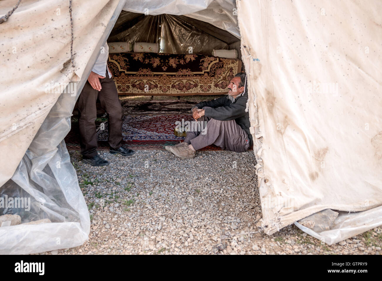 Aziz Gol, nomadic Basseri man, greets a visitor in his family tent. The ...