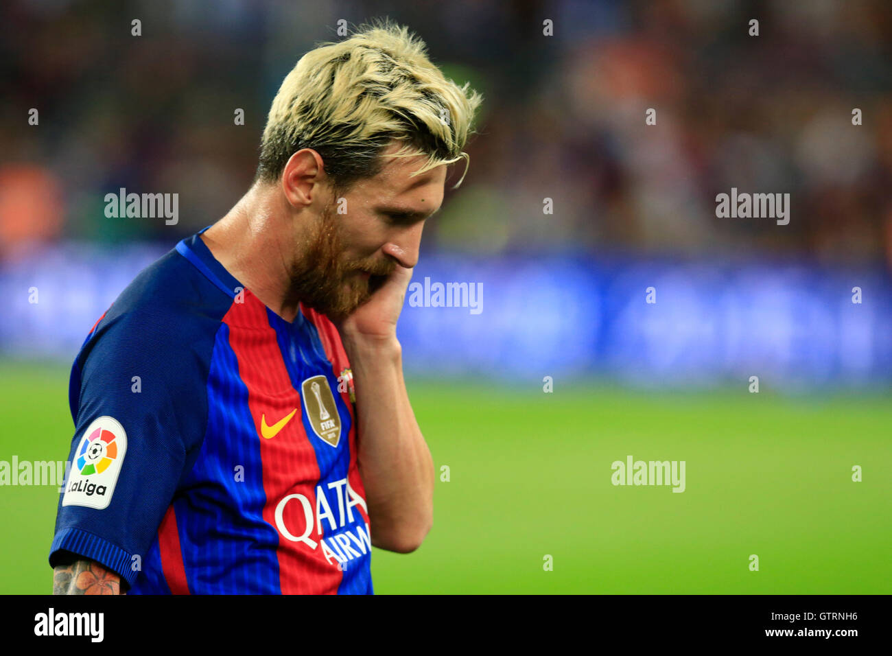 Barcelona. 10th Sep, 2016. Barcelona's forward Lionel Messi reacts ...