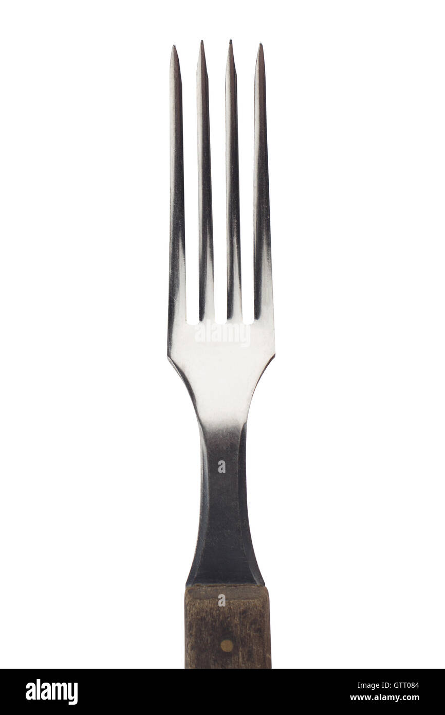 top view of a metallic fork with long teeth isolated on white ...