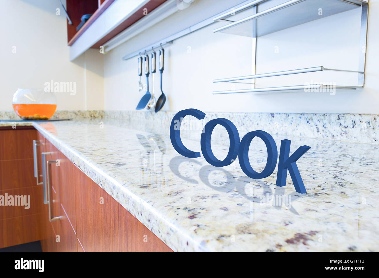 Modern white kitchen with cook sign Stock Photo - Alamy