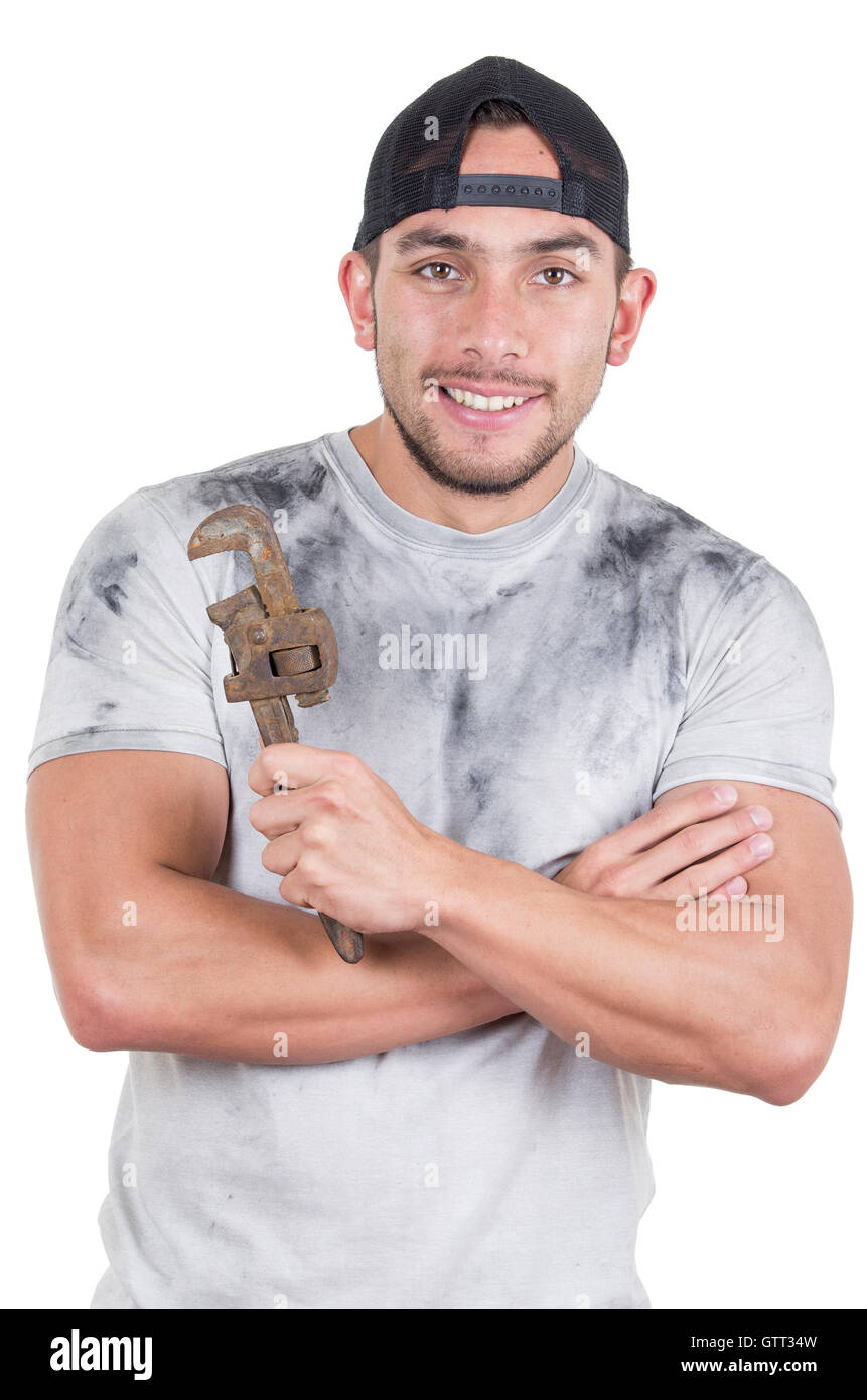 young muscular latin construction worker Stock Photo - Alamy