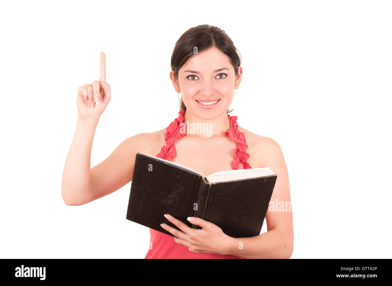 beautiful young female teacher holding book Stock Photo - Alamy